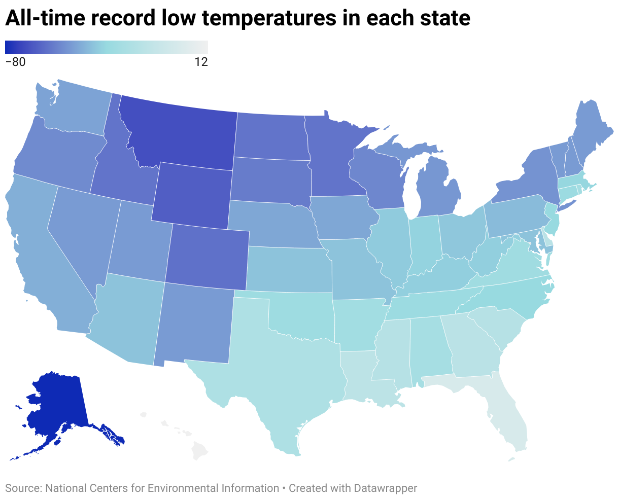 Interactive map: All-time record low temperatures in each state
