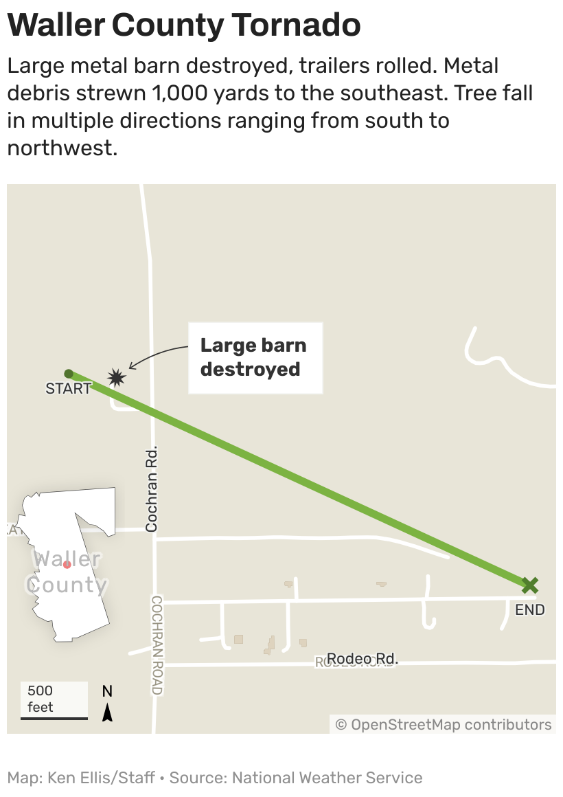 Map: Houston TX tornado, severe thunderstorm path