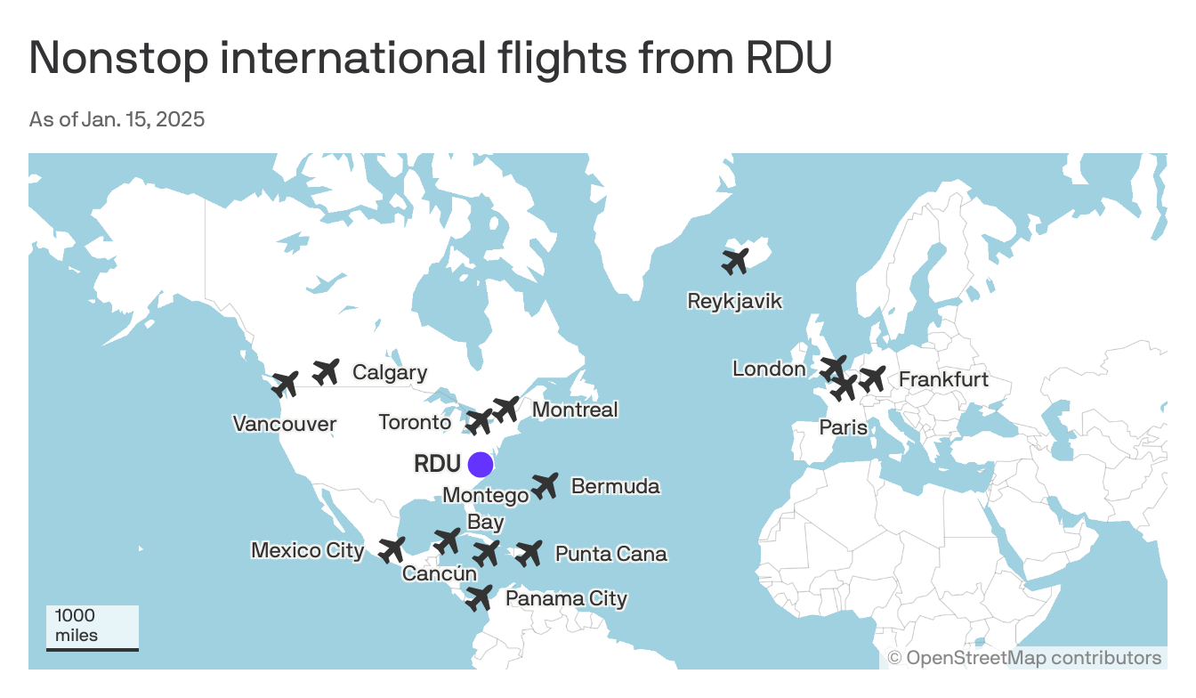 Map du jour: RDU's global offerings - Axios Raleigh