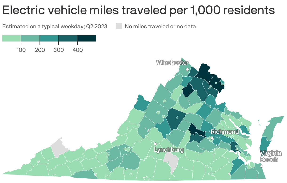 Virginia's EV driving use by county - Axios Richmond