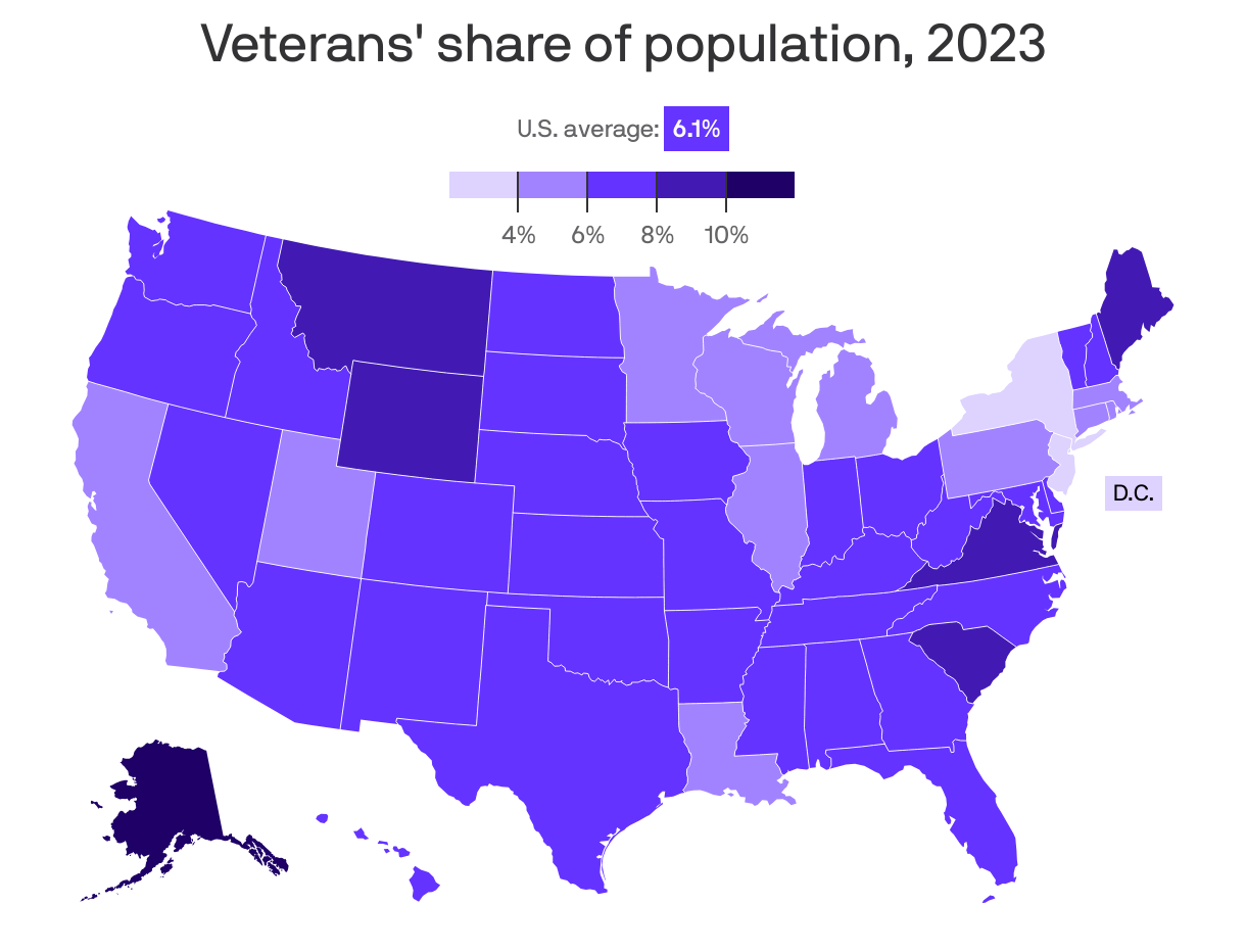 Veterans map shows population by state