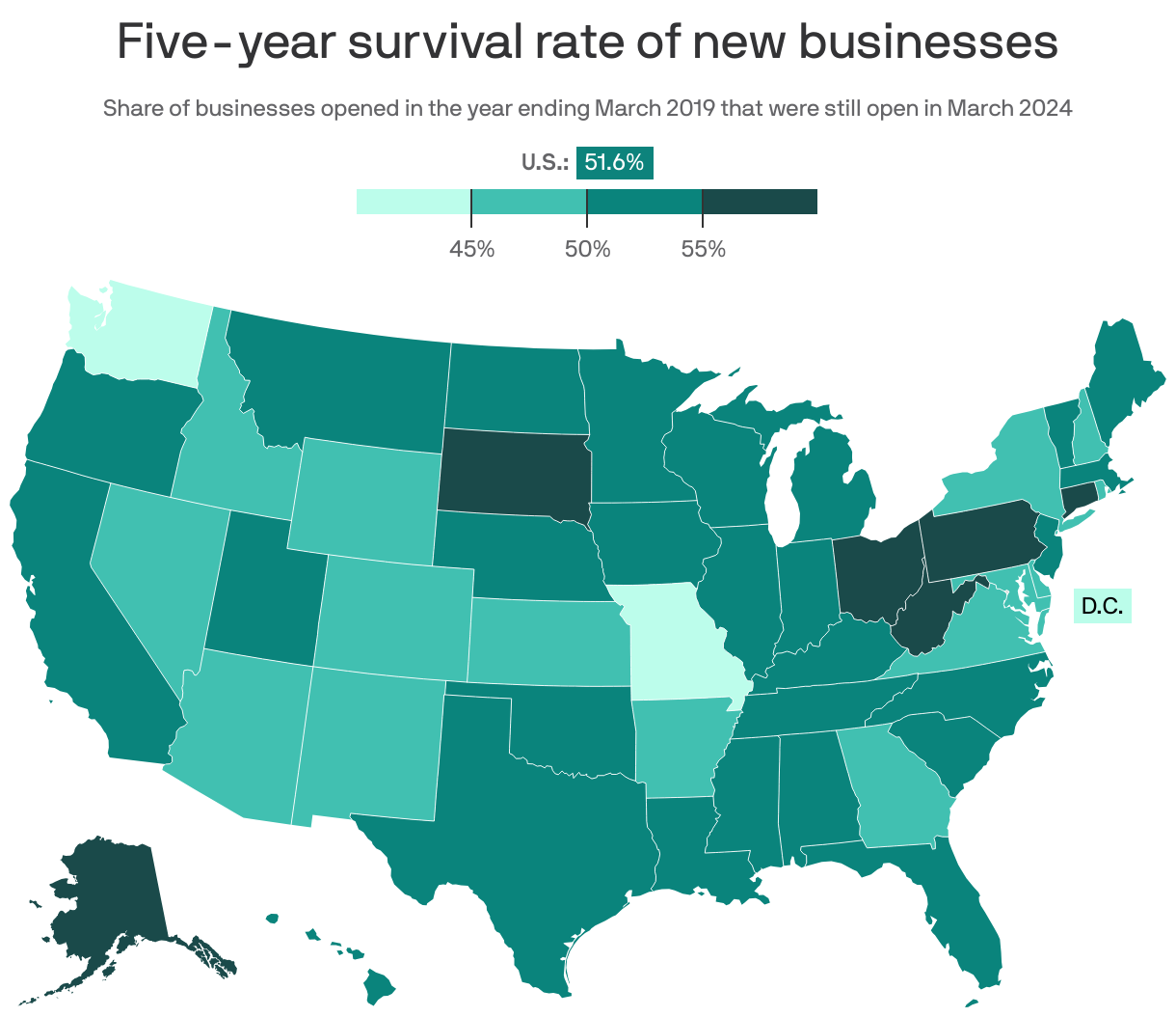 Map: New business startup survival rates by state