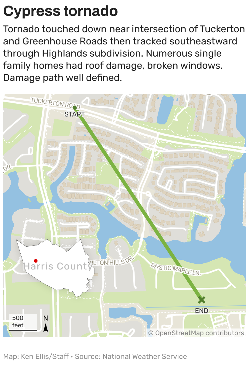 Map: Houston TX tornado, severe thunderstorm path