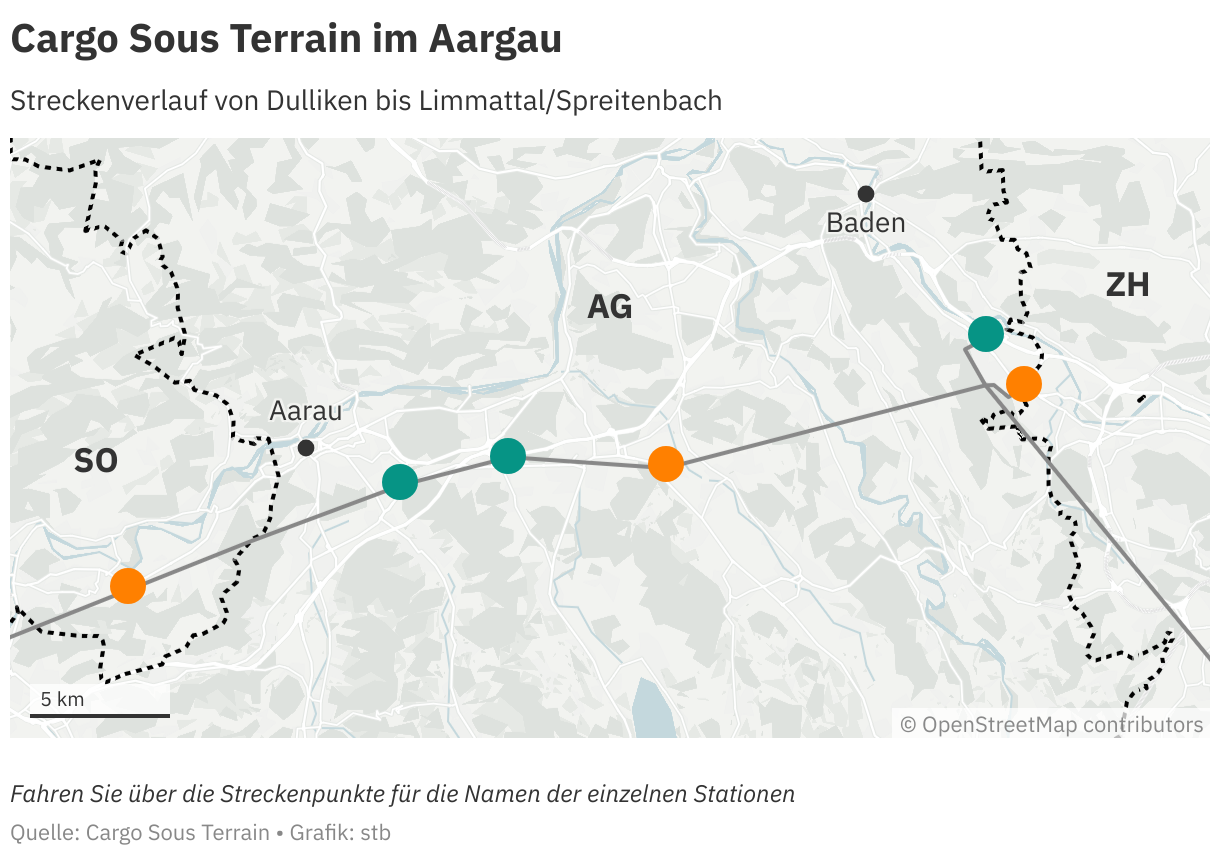 Cargo Sous Terrain: Geplante Standorte der Güter-U-Bahn im Aargau
